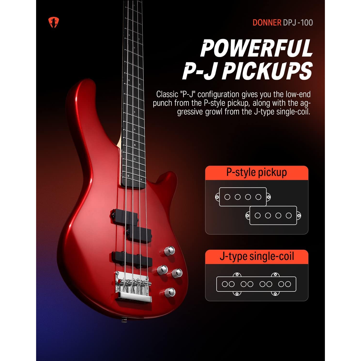 Donner DPJ-100 PJ-Style Bas Gitar (Kırmızı) | doremusic